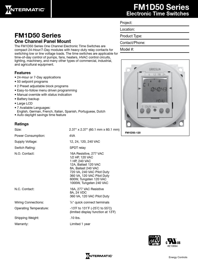 Timer Specifications Intermatic Grasslin FM1D50 | PDF | Alternating ...