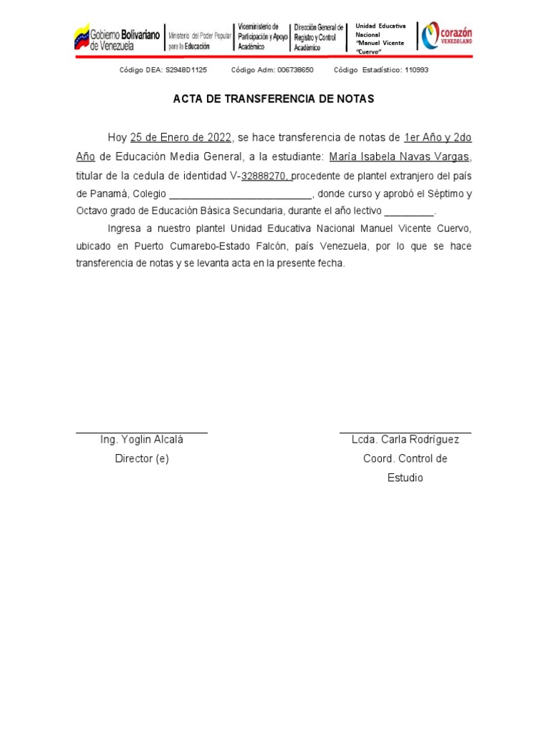 Acta Transferencia de Notas | PDF