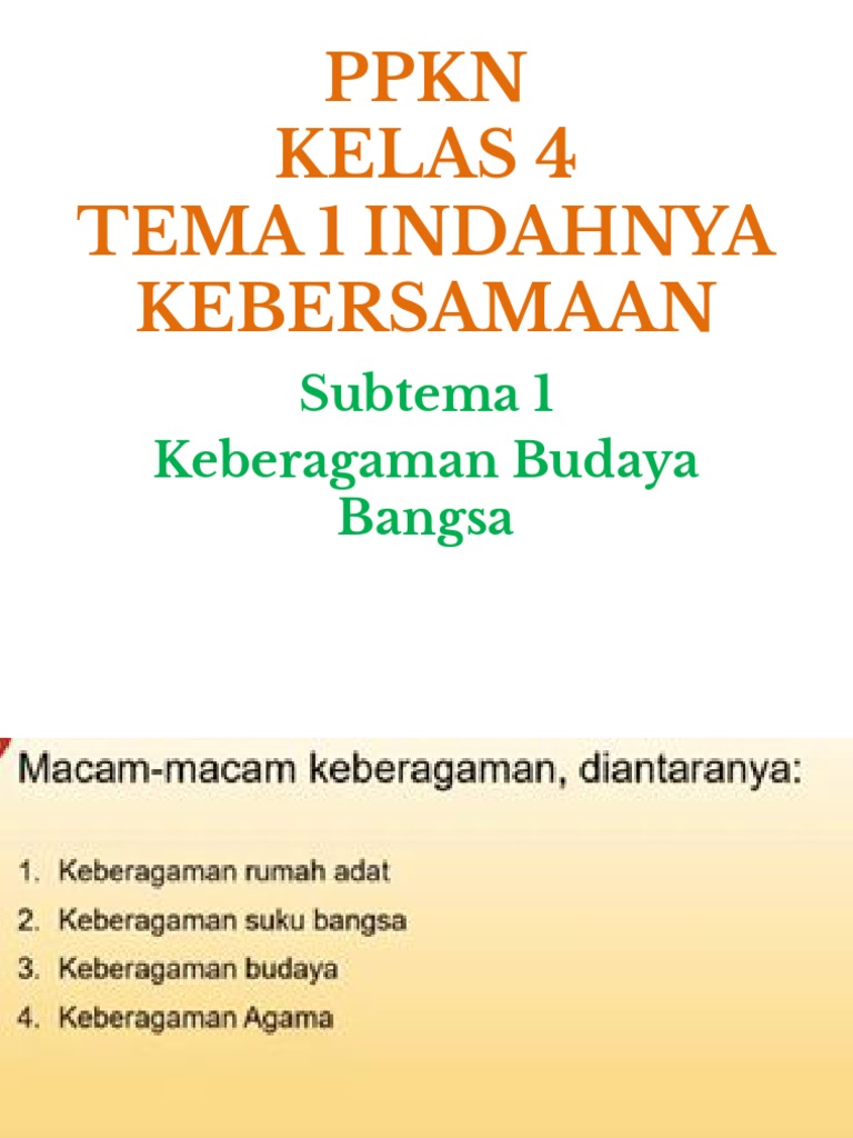 PPT PPKN Kls 4 TEMA 1 ST 1 KD 3.4 (Keberagaman budaya) | PDF