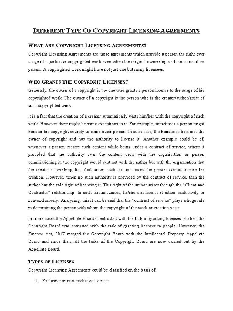 Different Type of Copyright Licensing Agreements | PDF | License | Copyright
