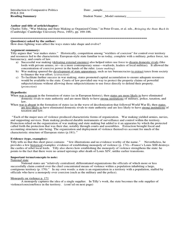 Tilly Reading Summary | PDF | State (Polity) | Taxes