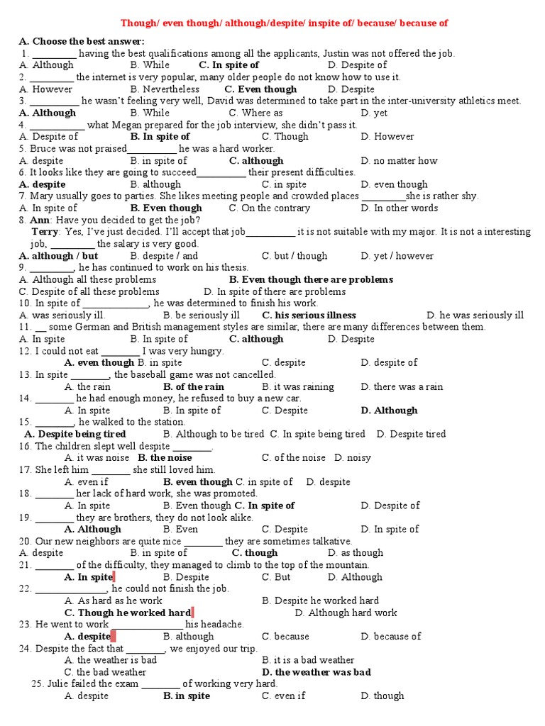 Though/ Even Though/ Although/despite/ Inspite Of/ Because/ Because of | PDF