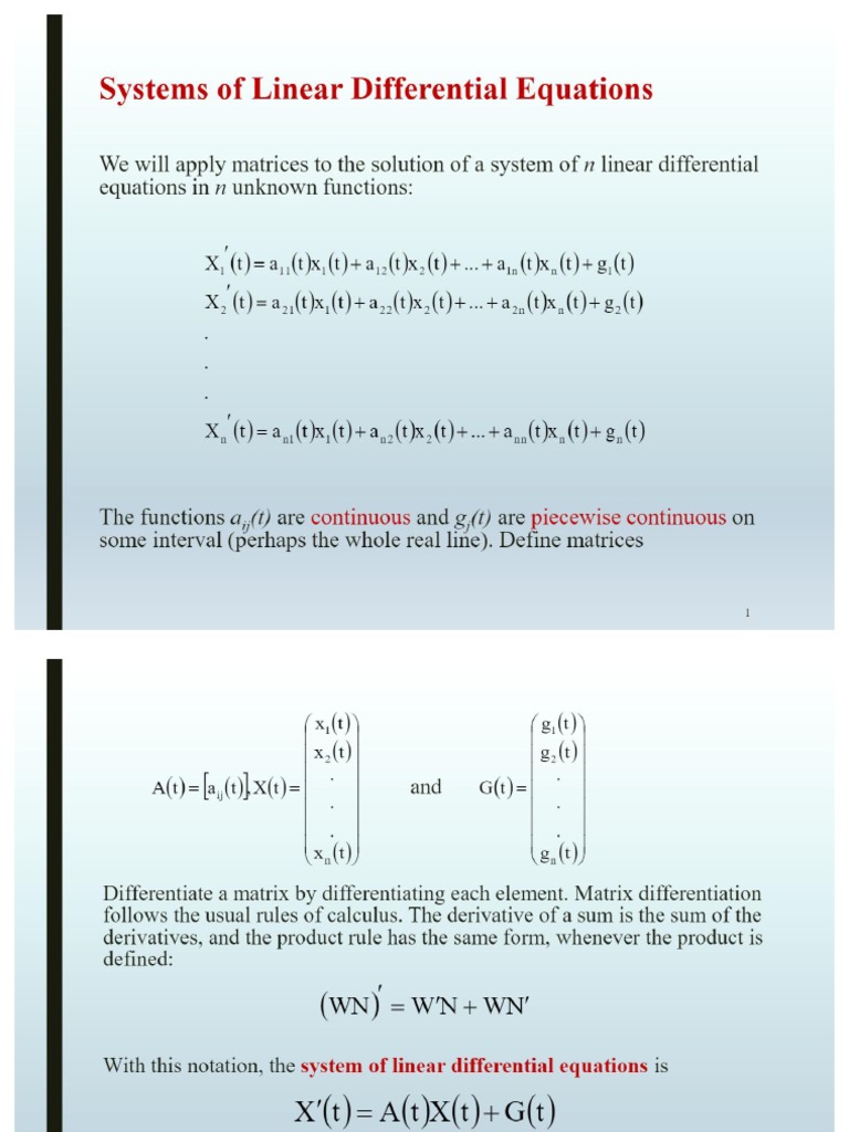 Linear Algebra Weeks 11-12 (Linear Diff. Eq. Systems) | PDF