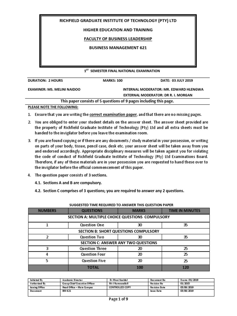 BM 621 - June Exam Paper | PDF | Paper | Employment