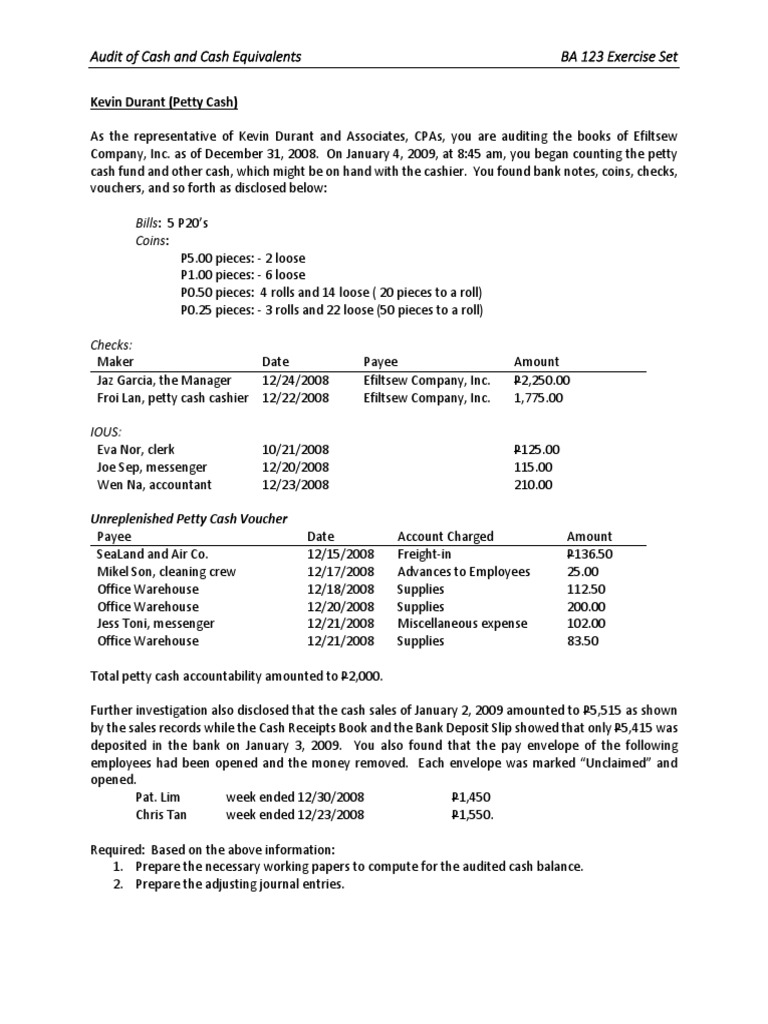 Audit of Cash and Cash Equivalents BA 123 Exercise Set: Kevin Durant ...