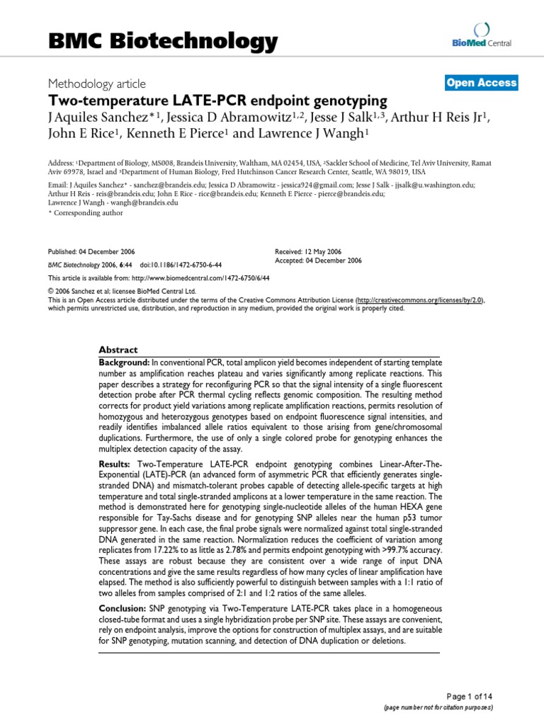 BMC Biotechnology: Two-Temperature LATE-PCR Endpoint Genotyping | Download Free PDF | Zygosity ...
