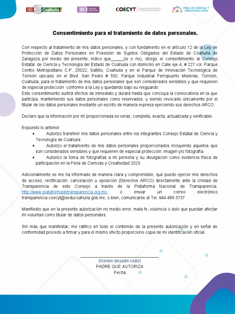 Consentimiento para El Tratamiento de Datos Personales | PDF