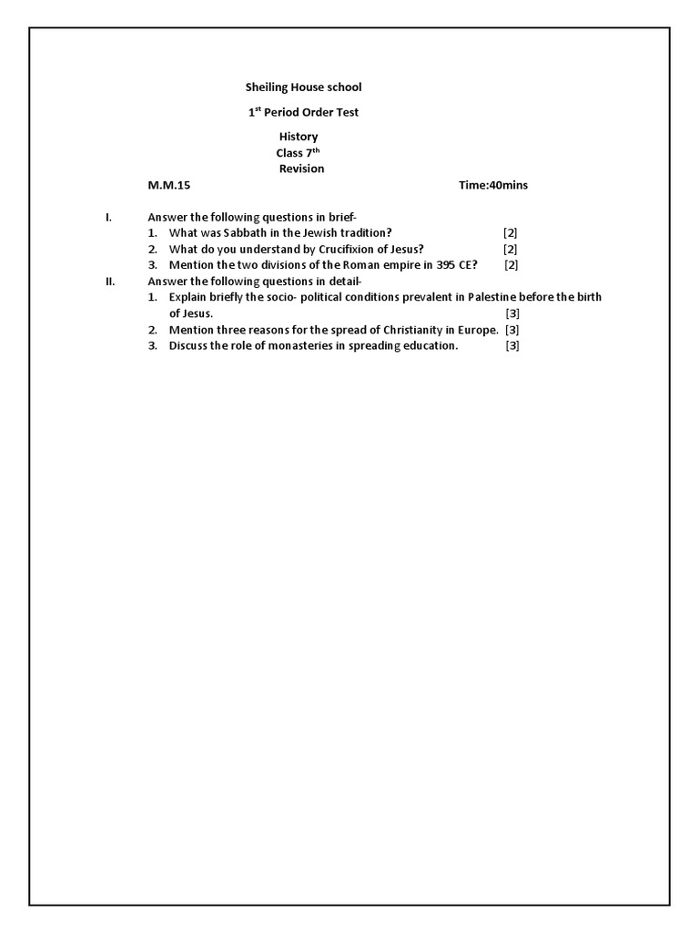 Sheiling House School 1 Period Order Test History Class 7 Revision M.M ...