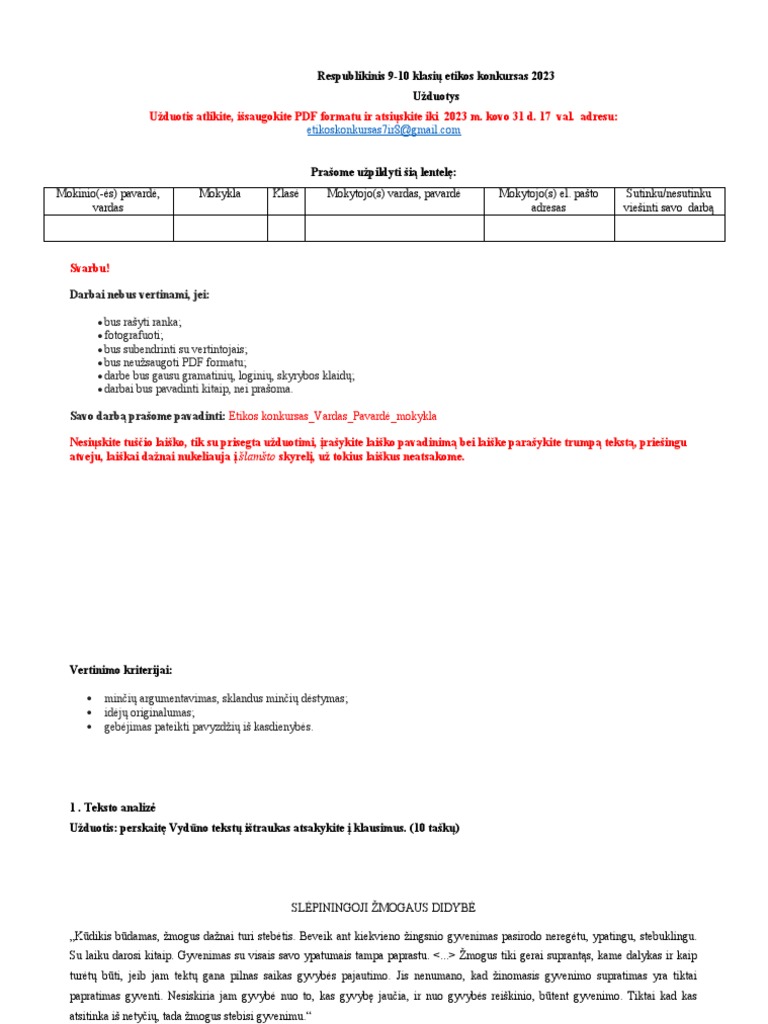 Etikos-Konkurso-Uzduotys 9 10 Klases 2023 | PDF