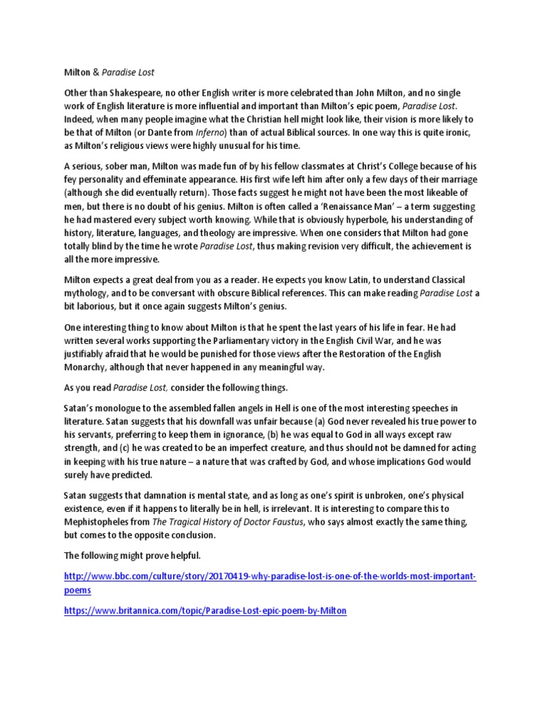 Milton & Paradise Lost | PDF | John Milton | Paradise Lost