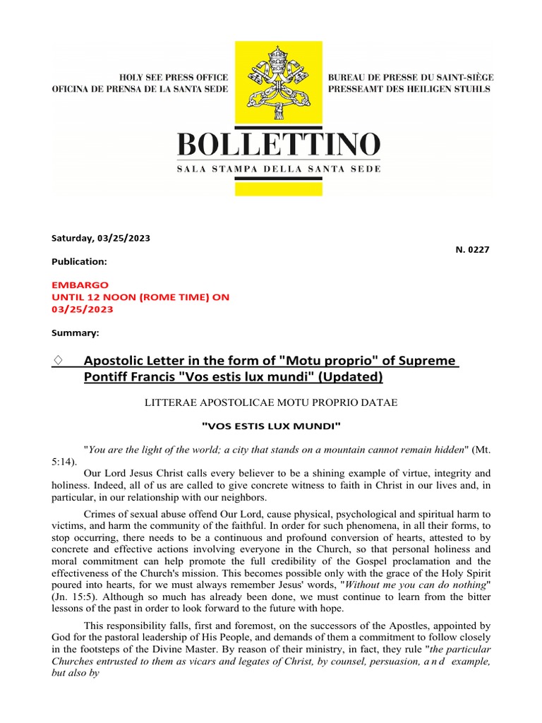 Updated Apostolic Letter: Vos Estis Lux Mundi | PDF | Bishop | Catholic ...
