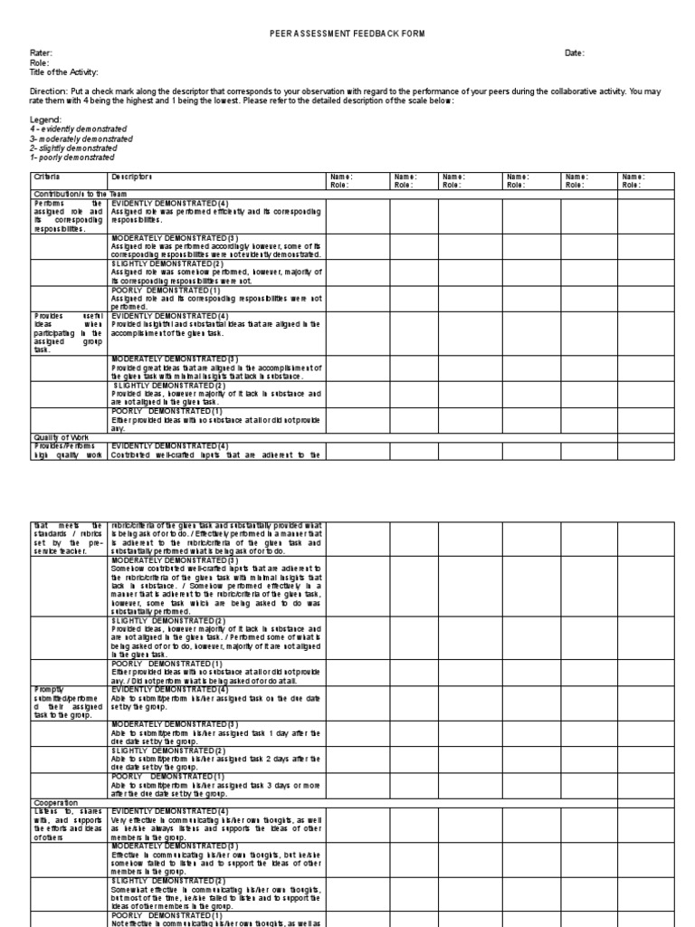 REVISED-PEER-ASSESSMENT-FEEDBACK-FORM-1.docx | PDF | Rubric (Academic ...