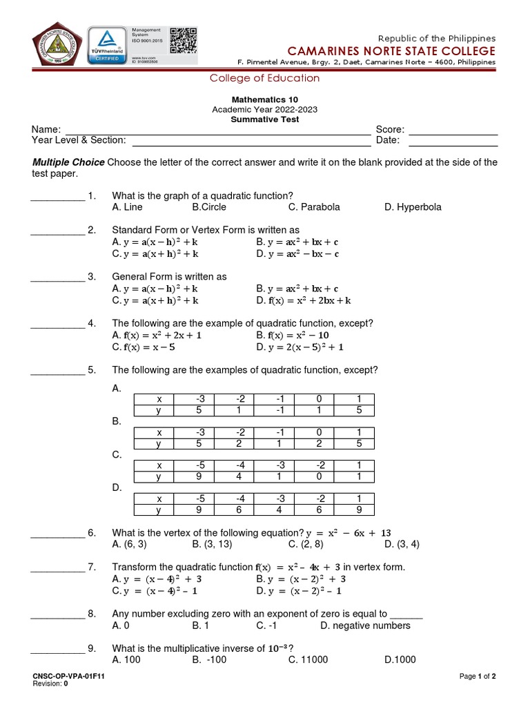 Grade 9 Summative Test PDF | PDF | Numbers | Abstract Algebra