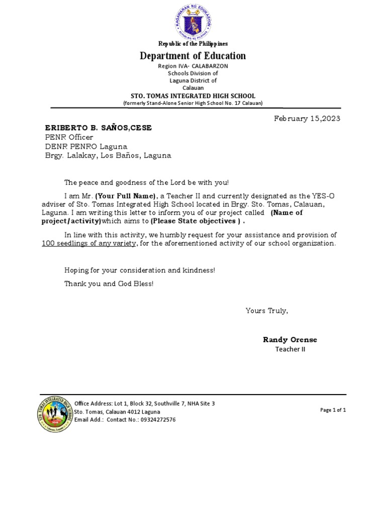 Request for seedlings from DENR for school YES-O project | PDF