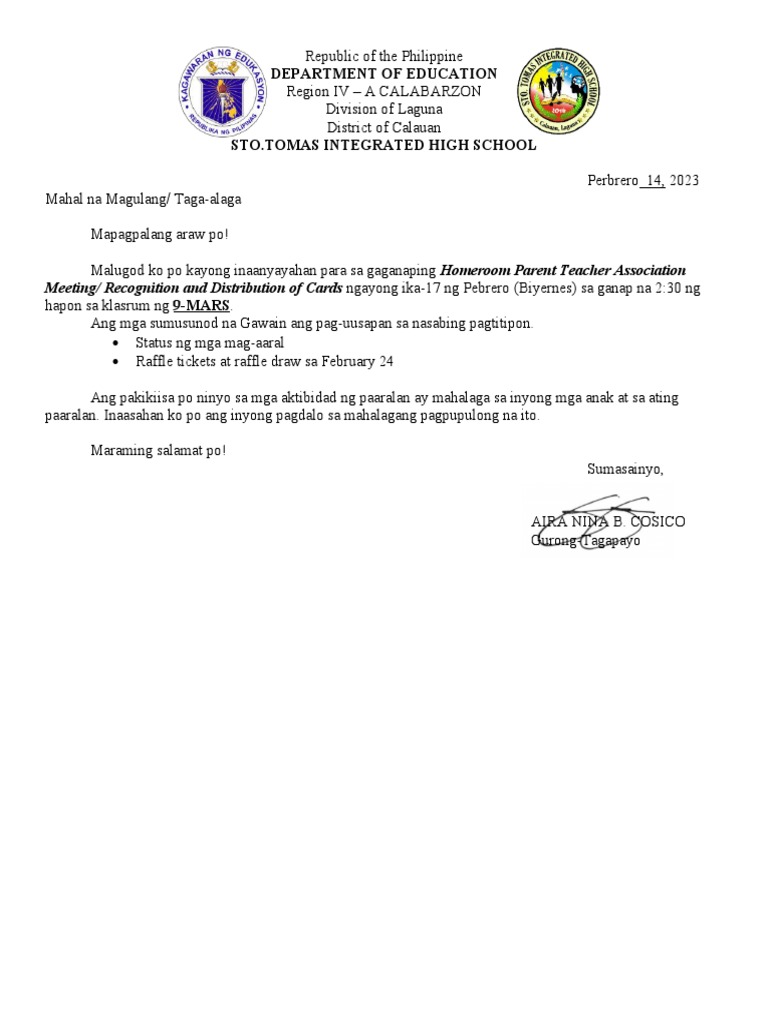 Letter Sa Mga Magulang | PDF