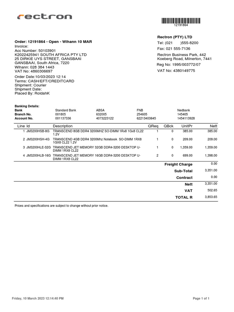 Order: 12191864 - Open - Wihann 10 MAR Rectron (PTY) LTD: Banking ...