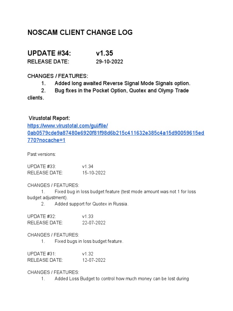 Noscam Client Change Log UPDATE #34: v1.35 | Download Free PDF | Investing | Software Release ...