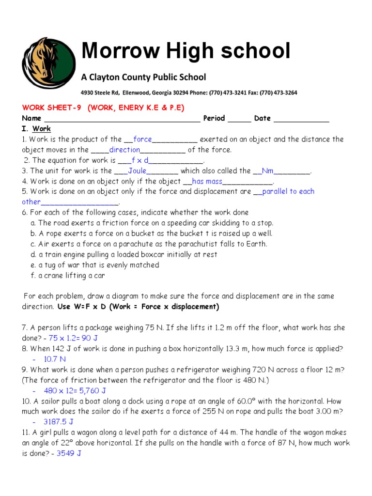 Work, Energy, Kinetic & Potential Worksheet | PDF | Potential Energy | Mass