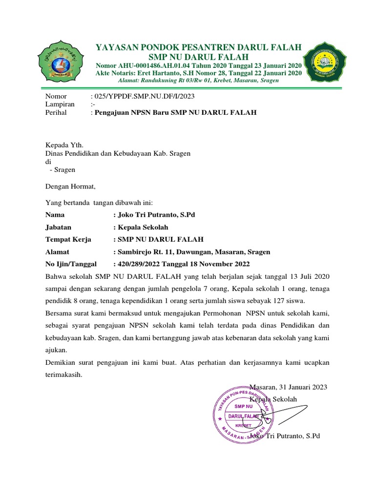 Permohonan NPSN Baru PDF | PDF