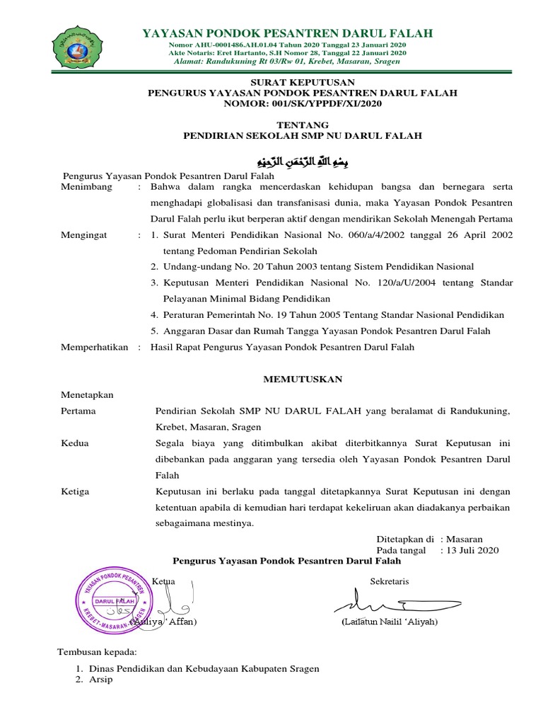 Surat Keputusan Yayasan Pondok Pesantren Darul Falah PDF | PDF