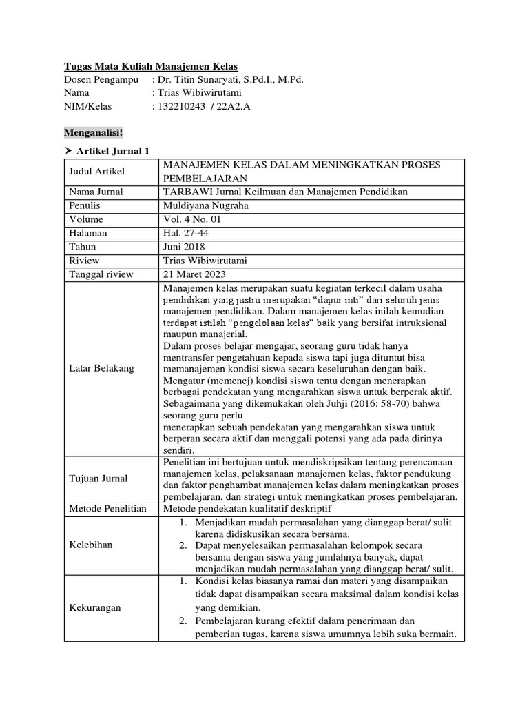 Manajemen Kelas Dalam Meningkatkan Proses Pembelajaran | PDF | Karier & Perkembangan