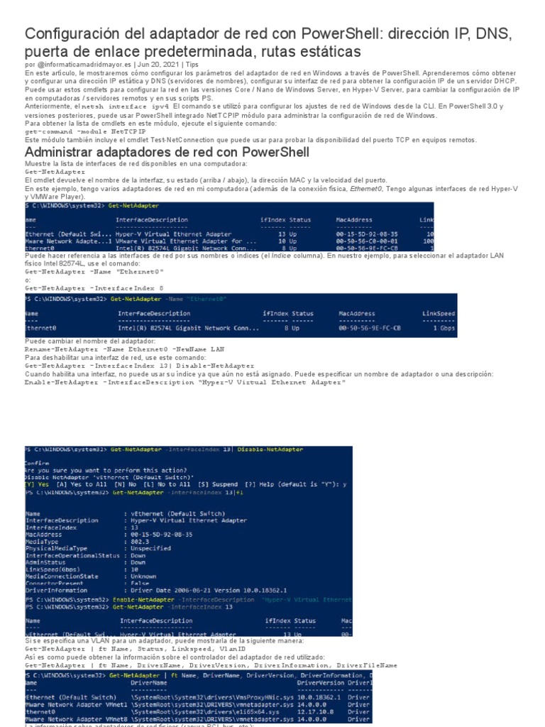 Configuración de red con PowerShell | PDF | Dirección IP | Controlador de interfaz de red