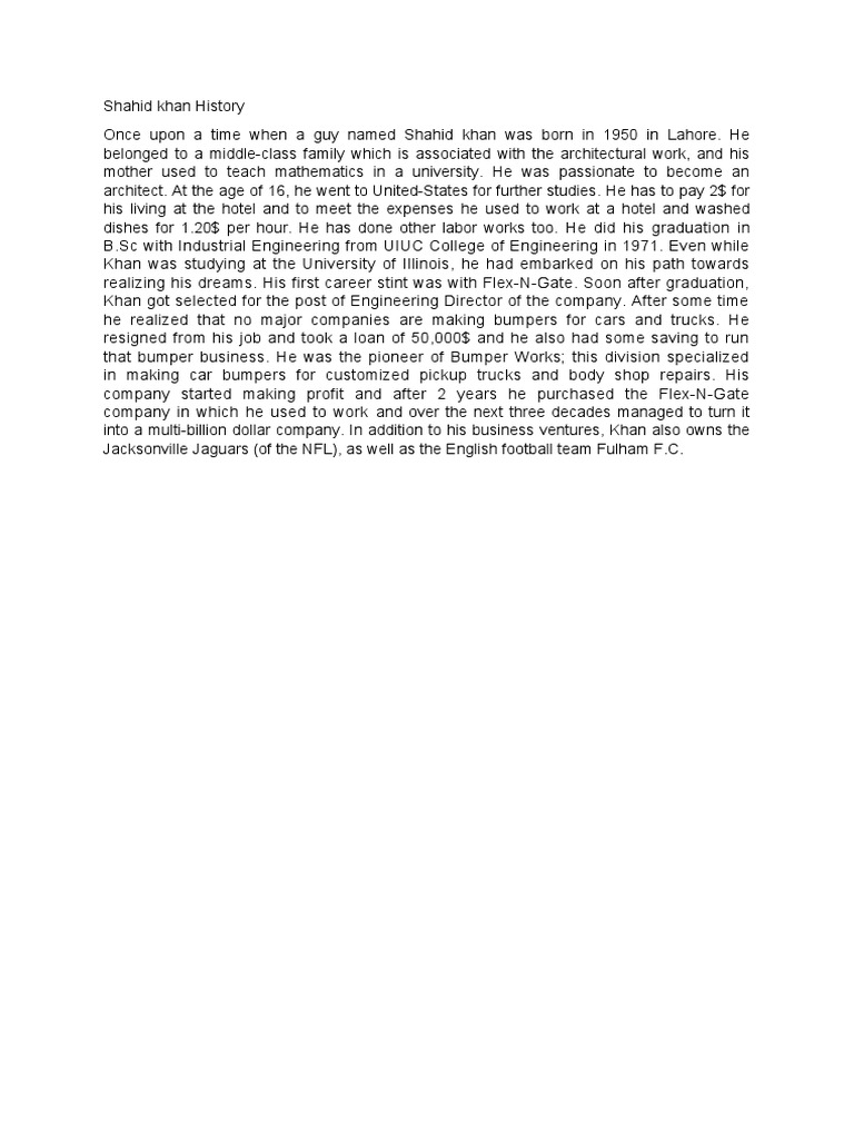 Shahid Khan History Pdf