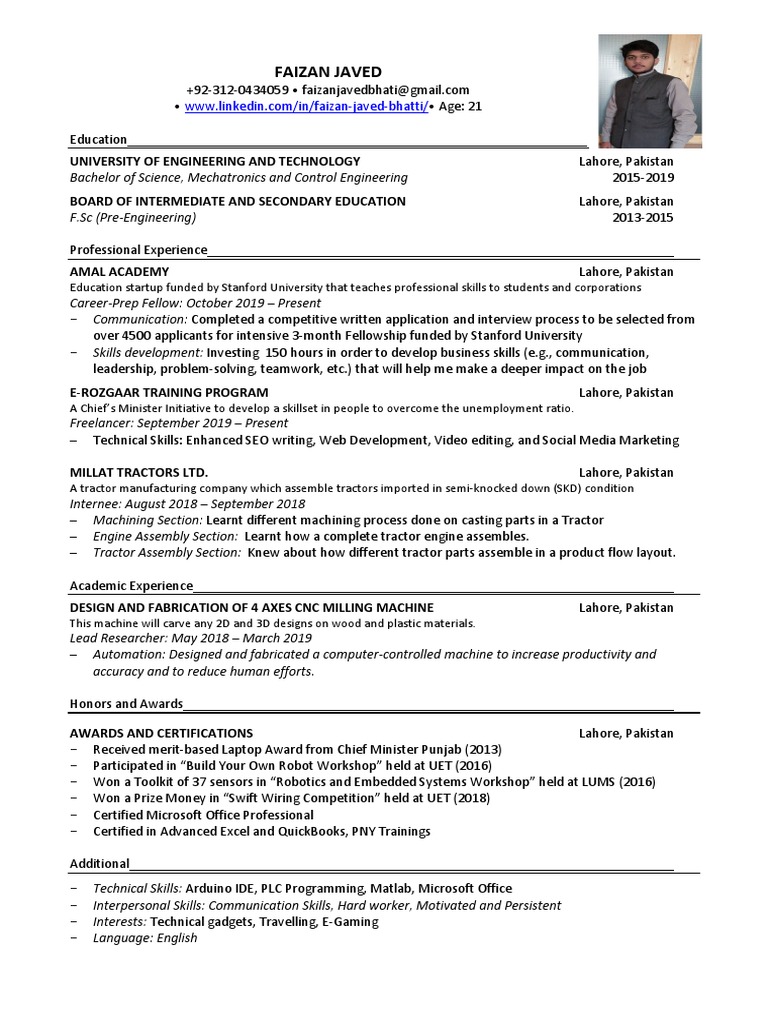 Faizan Javed: Mechatronics Engineer Profile | PDF | Engineering