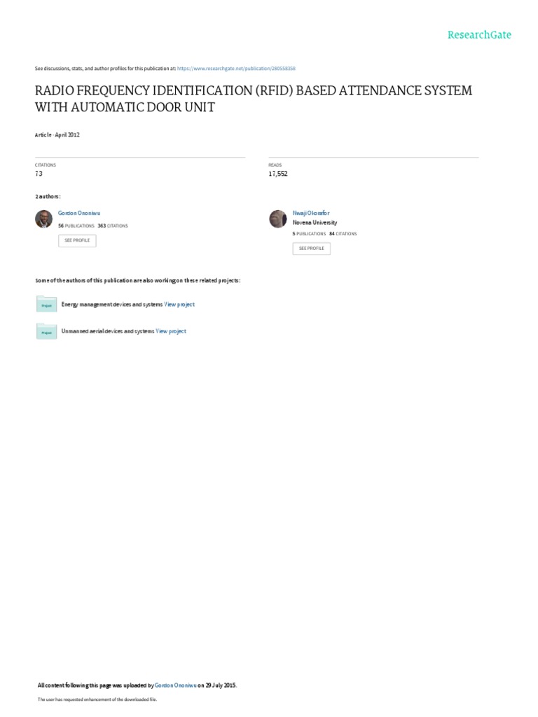 Radio Frequency Identification (Rfid) Based Attendance System With Automatic Door Unit | PDF ...