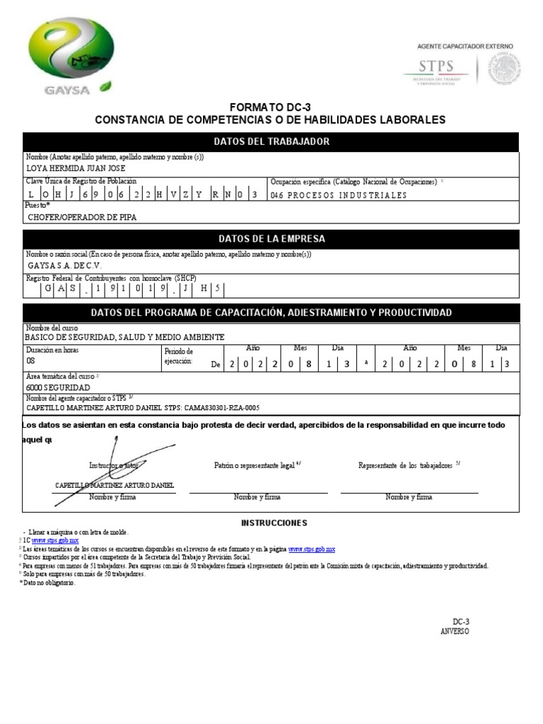 Formato Dc-3 Constancia de Competencias O de Habilidades Laborales | PDF | Agricultura