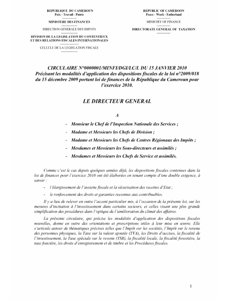 Circulaire Num 0001-Minfi-Dgi-Lc-L Du 15 Janvier 2010 - 211 | PDF