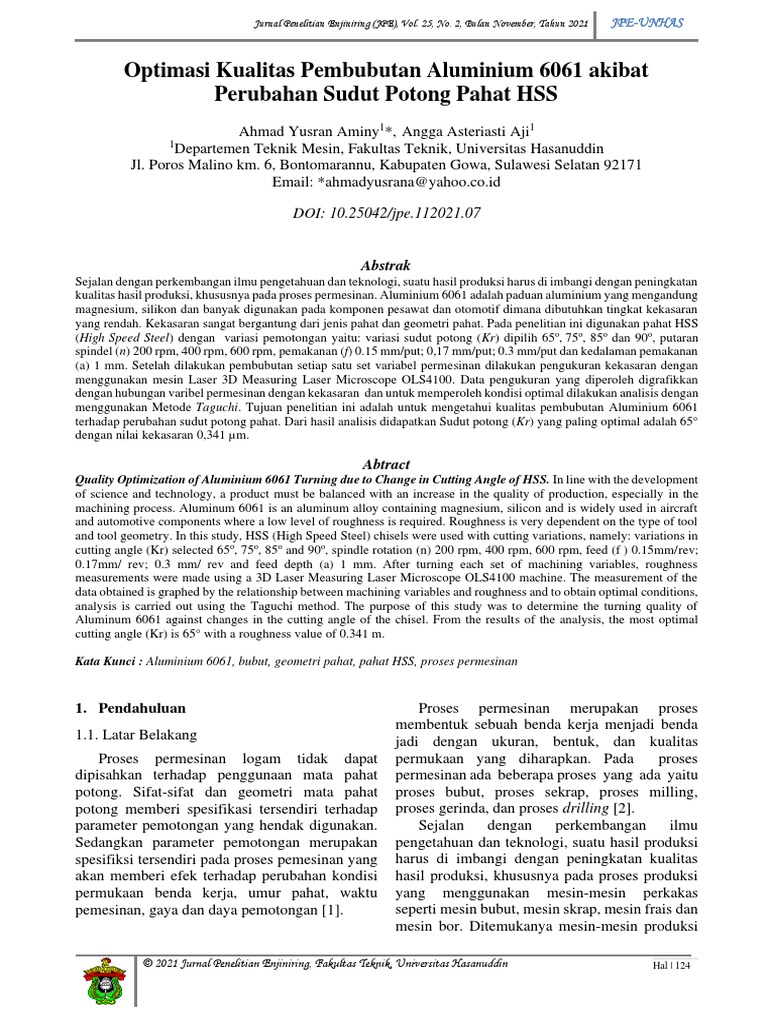 Optimasi Kualitas Pembubutan Aluminium 6061 Terhadap Perubahan Sudut Potong Pahat HSS | PDF ...