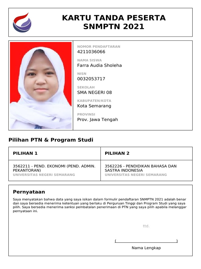 Kartu Tanda Peserta SNMPTN 2021: 4211036066 Farra Audia Sholeha ...
