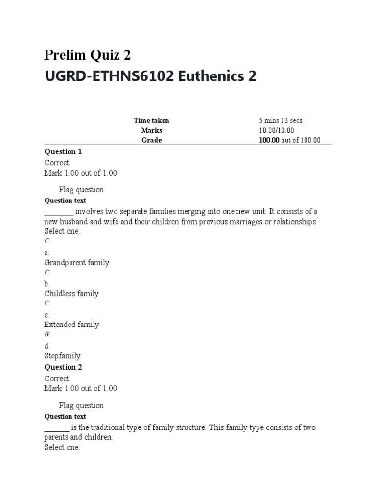 Euthenics Prelim Quiz 2 Results | PDF | Family | Grandparent