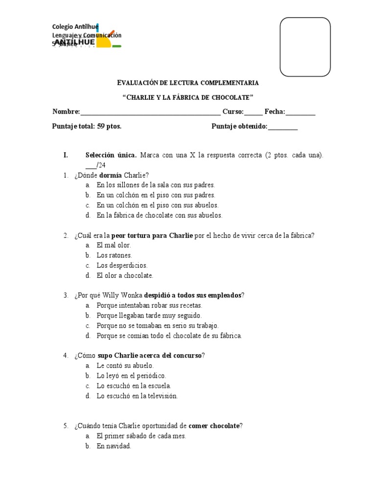 Control de Lectura Charlie y La Fábrica de Chocolate - Dif | PDF ...