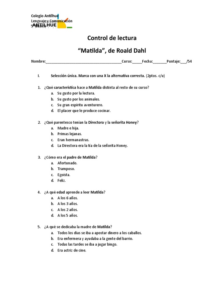 Control de Lectura: Matilda 5° Básico | PDF