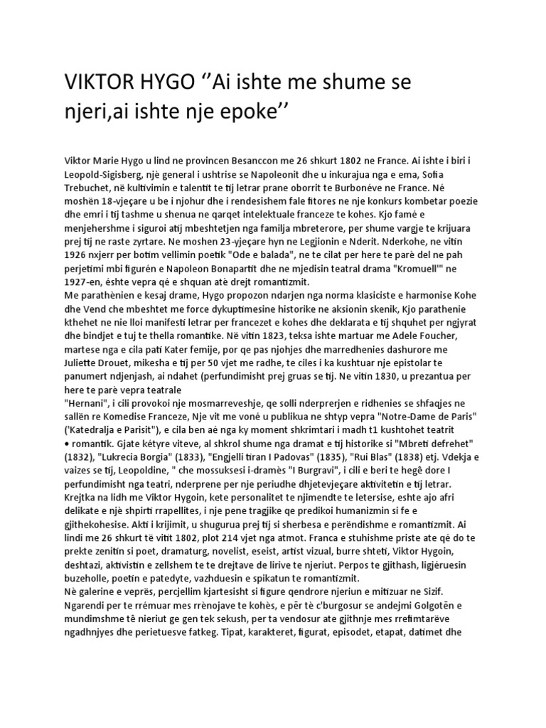 VIKTOR HYGO 'Ai Ishte Me Shume Se Njeri, Ai Ishte Nje Epoke'' | PDF