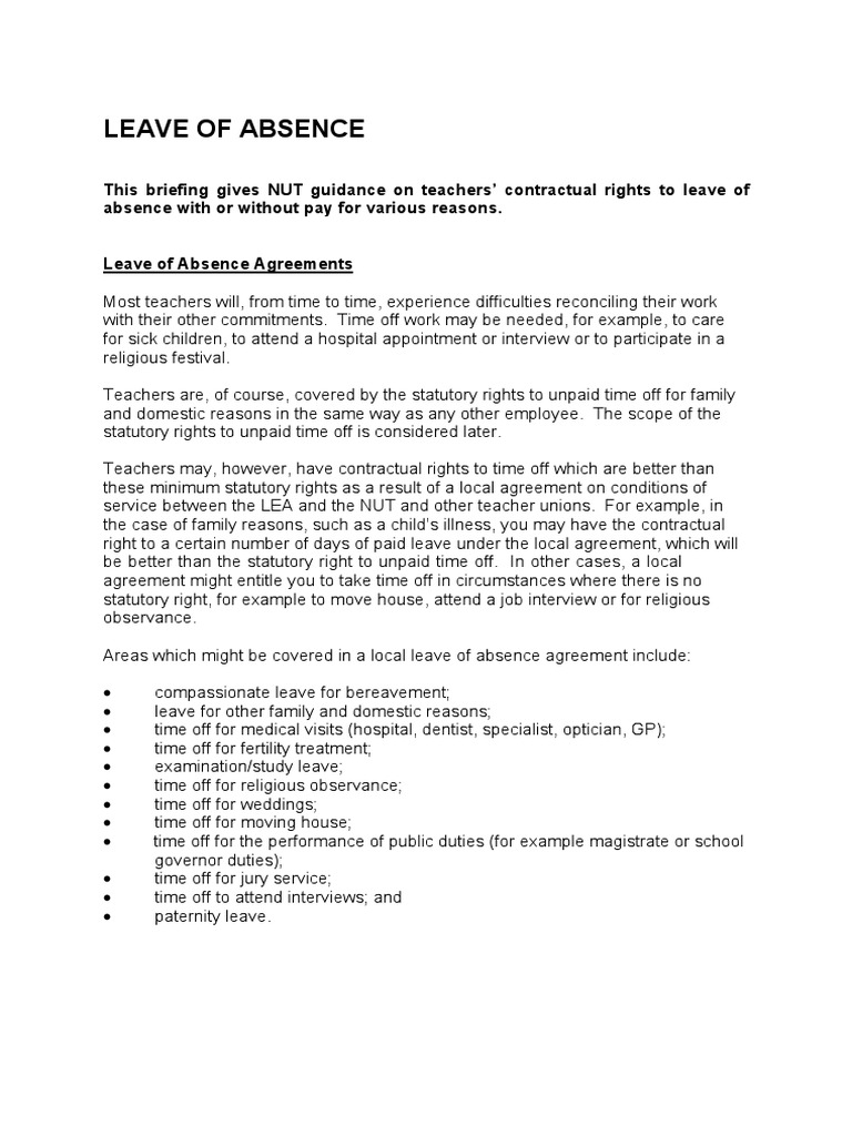 LEAVE OF ABSENCE - National Union of Teachers PDF | PDF | Employment ...