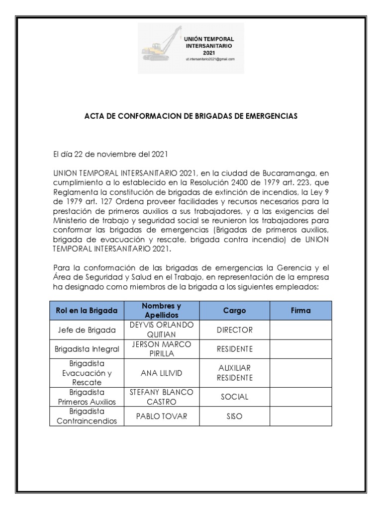 Acta de Conformacion de Brigadas de Emergencias | PDF | Defensa Civil | Emergencia