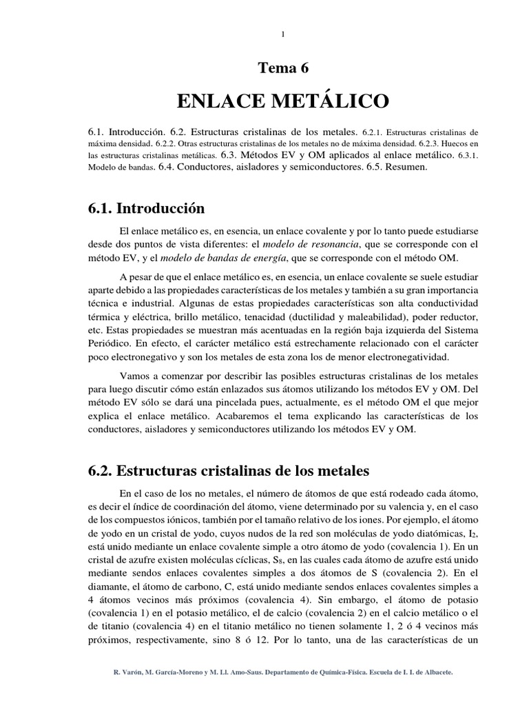 Tema 6. Enlace metálico (Teoría) | PDF | Enlace químico | Configuración electronica