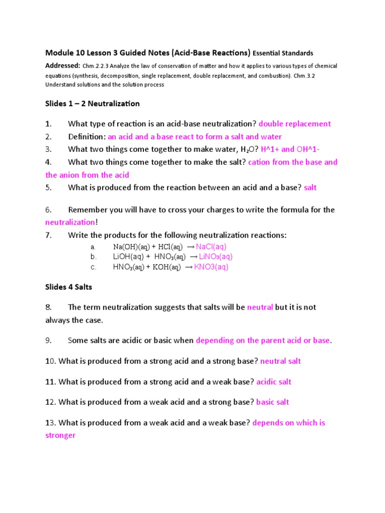Module 10 Lesson 3 Guided Notes (Acid-Base Reactions) : Essential ...
