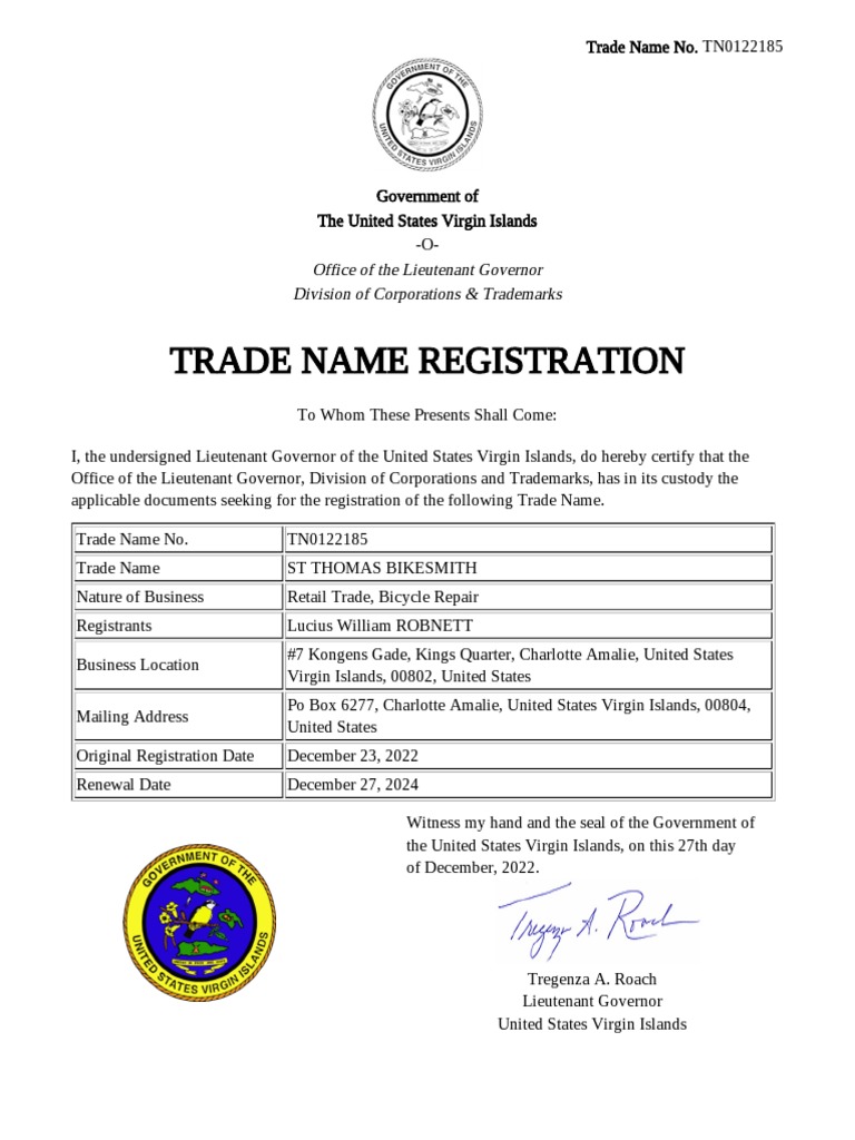 Trade Name Registration Certificate | PDF
