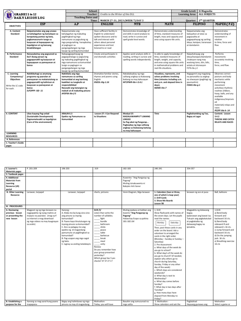GRADES 1 To 12 Daily Lesson Log ESP A.P English MTB Math Filipino Mapeh (P.E) | PDF