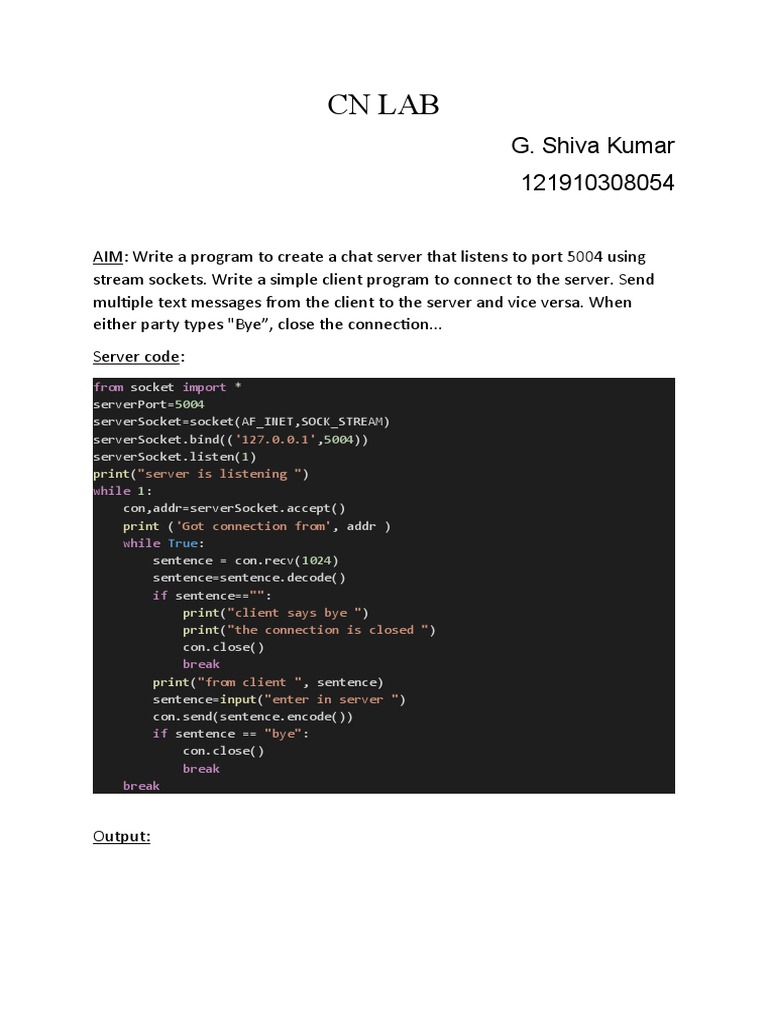 CN Lab: G. Shiva Kumar 121910308054 | PDF | Computers | Technology & Engineering