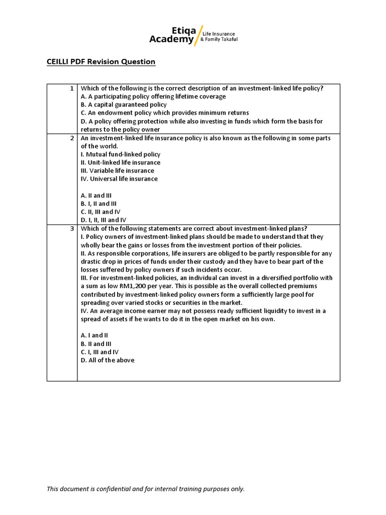 CEILLI PDF Revision Questions v1.0 (2023) | PDF | Insurance | Investment Fund
