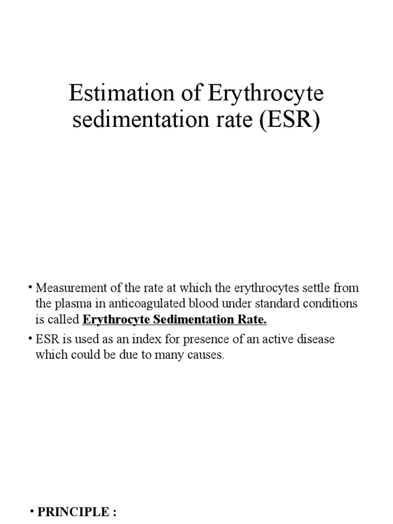 Estimation of Erythrocyte Sedimentation Rate (ESR) | PDF | Medical ...