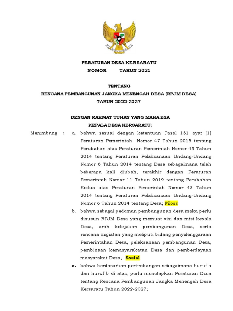 Peraturan Desa Nomor 08 Tentang Rpjmdes Tahun 2022 2027 Noosev 5 Perdes ...