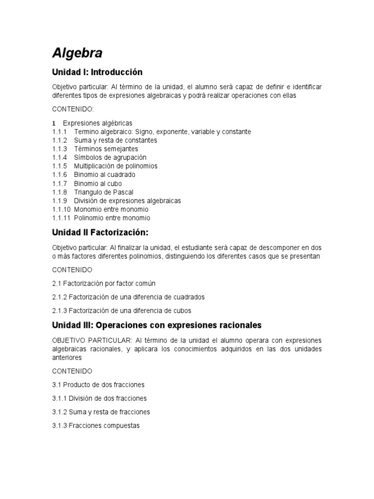 Temario Algebra | PDF | Factorización | Ecuaciones