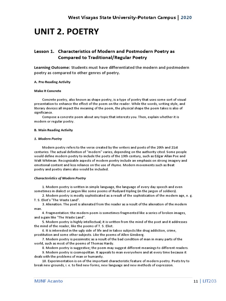 Modern vs Postmodern Poetry Analysis | PDF | Poetry | Rhyme