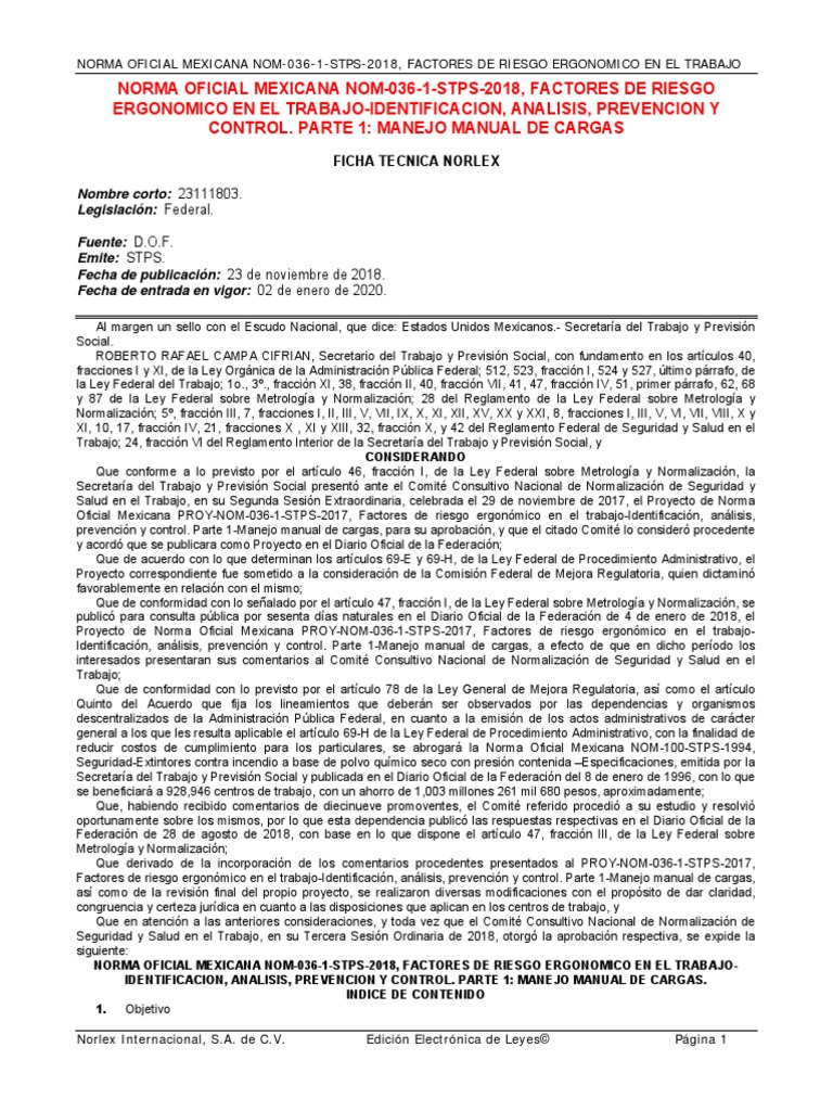 NOM-036-1-STPS Ergonomía PDF | PDF | Factores humanos y ergonomía